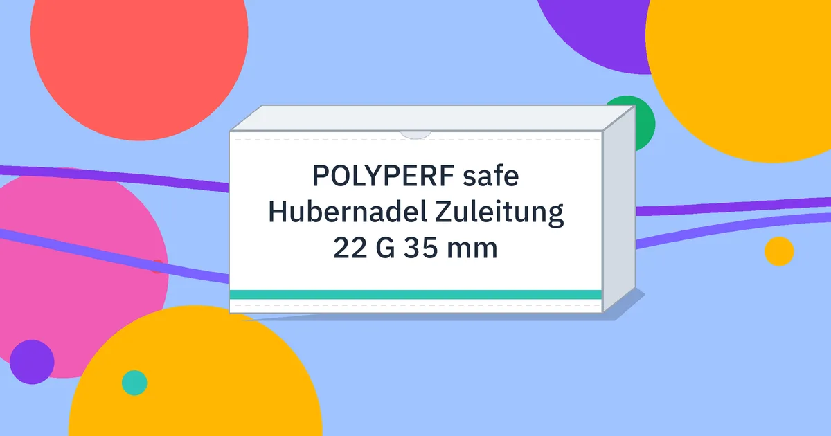 Symbolbild: Packung mit der Aufschrift POLYPERF safe Hubernadel Zuleitung 22 G 35 mm (PZN 12426388) – Verfügbarkeit und Bezug in Apotheken in Frankfurt am Main