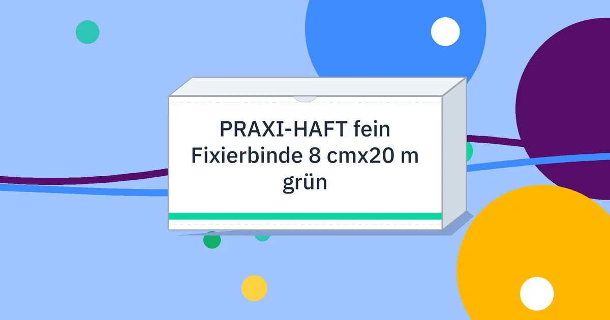 Symbolbild: Packung mit der Aufschrift PRAXI-HAFT fein Fixierbinde 8 cmx20 m grün (PZN 12826113) – Verfügbarkeit und Bezug in Apotheken in Frankfurt am Main