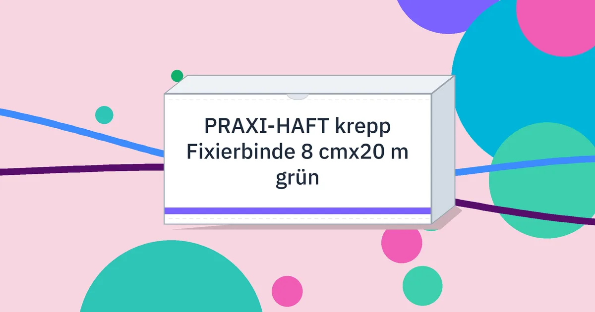 Symbolbild: Packung mit der Aufschrift PRAXI-HAFT krepp Fixierbinde 8 cmx20 m grün (PZN 12826337) – Verfügbarkeit und Bezug in Apotheken in Frankfurt am Main