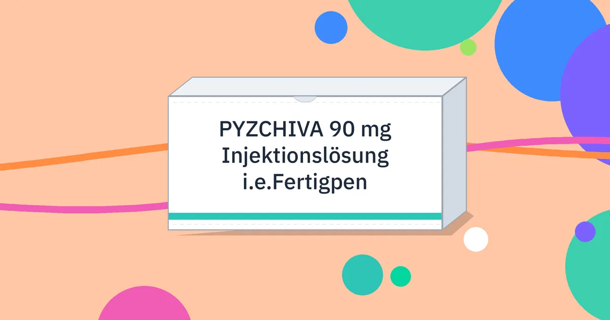 Symbolbild: Packung mit der Aufschrift PYZCHIVA 90 mg Injektionslösung i.e.Fertigpen (PZN 20193828) – Verfügbarkeit und Bezug in Apotheken in Frankfurt am Main