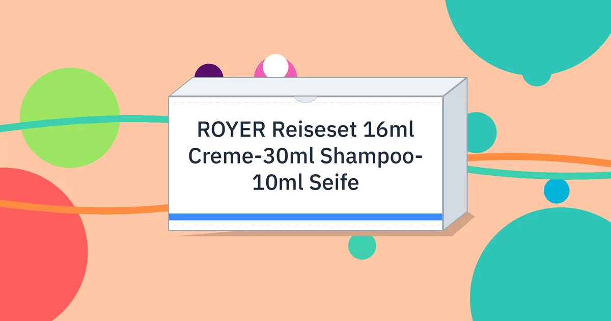 Symbolbild: Packung mit der Aufschrift ROYER Reiseset 16ml Creme-30ml Shampoo-10ml Seife (PZN 15748974) – Verfügbarkeit und Bezug in Apotheken in Frankfurt am Main
