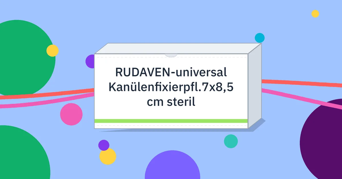 Symbolbild: Packung mit der Aufschrift RUDAVEN-universal Kanülenfixierpfl.7x8,5 cm steril (PZN 15893297) – Verfügbarkeit und Bezug in Apotheken in Frankfurt am Main