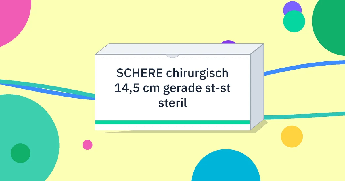 Symbolbild: Packung mit der Aufschrift SCHERE chirurgisch 14,5 cm gerade st-st steril (PZN 19978487) – Verfügbarkeit und Bezug in Apotheken in Frankfurt am Main