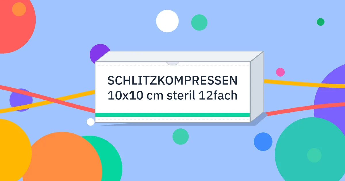 Symbolbild: Packung mit der Aufschrift SCHLITZKOMPRESSEN 10x10 cm steril 12fach (PZN 15436418) – Verfügbarkeit und Bezug in Apotheken in Frankfurt am Main