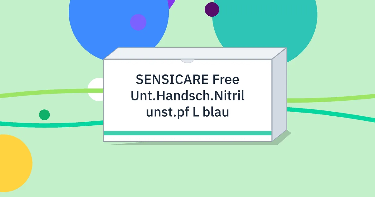 Symbolbild: Packung mit der Aufschrift SENSICARE Free Unt.Handsch.Nitril unst.pf L blau (PZN 16210314) – Verfügbarkeit und Bezug in Apotheken in Frankfurt am Main