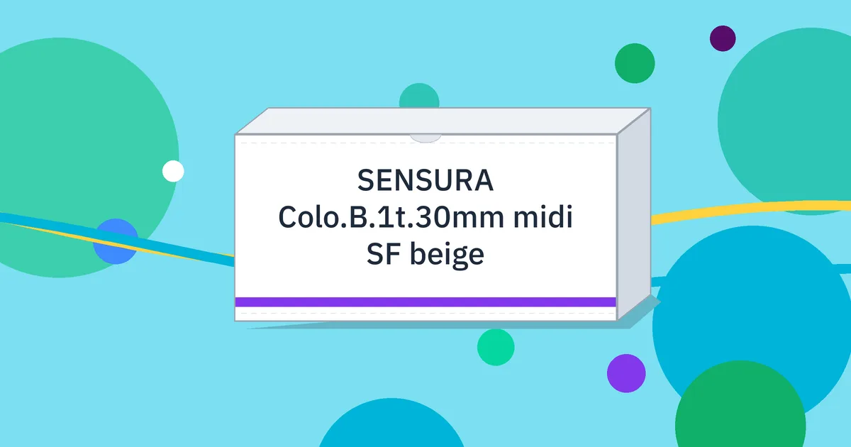 Symbolbild: Packung mit der Aufschrift SENSURA Colo.B.1t.30mm midi SF beige (PZN 05373728) – Verfügbarkeit und Bezug in Apotheken in Frankfurt am Main
