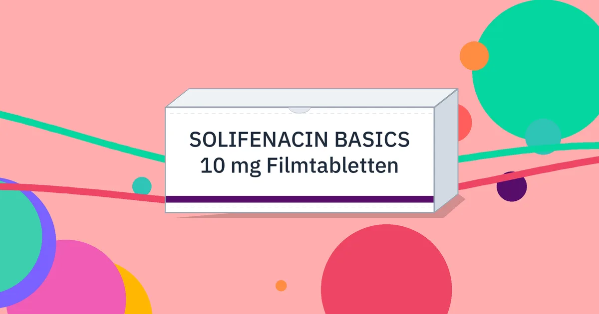 Symbolbild: Packung mit der Aufschrift SOLIFENACIN BASICS 10 mg Filmtabletten (PZN 15616847) – Verfügbarkeit und Bezug in Apotheken in Frankfurt am Main