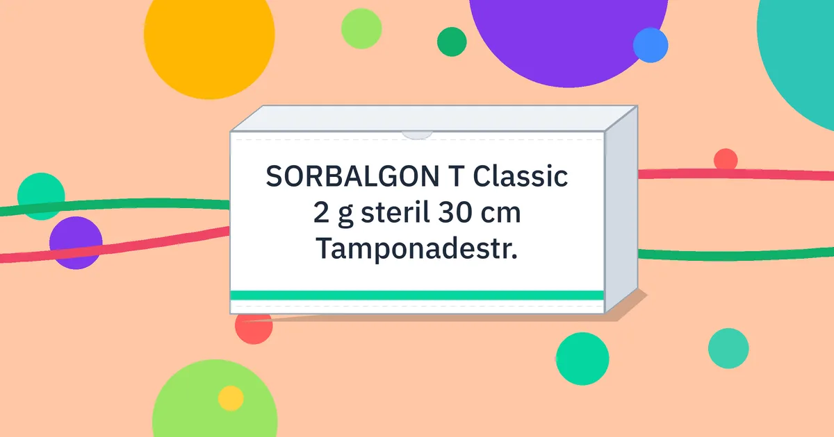 Symbolbild: Packung mit der Aufschrift SORBALGON T Classic 2 g steril 30 cm Tamponadestr. (PZN 17834459) – Verfügbarkeit und Bezug in Apotheken in Frankfurt am Main