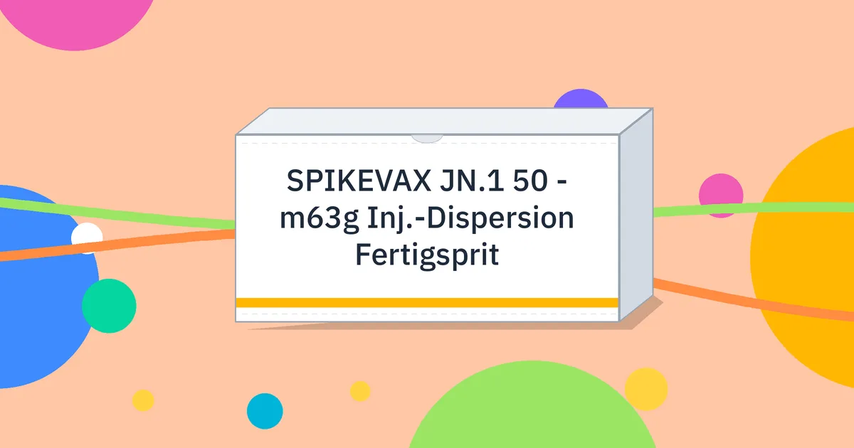 Symbolbild: Packung mit der Aufschrift SPIKEVAX JN.1 50 -m63g Inj.-Dispersion Fertigsprit (PZN 19392072) – Verfügbarkeit und Bezug in Apotheken in Frankfurt am Main