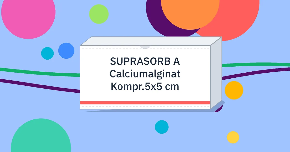 Symbolbild: Packung mit der Aufschrift SUPRASORB A Calciumalginat Kompr.5x5 cm (PZN 17755932) – Verfügbarkeit und Bezug in Apotheken in Frankfurt am Main