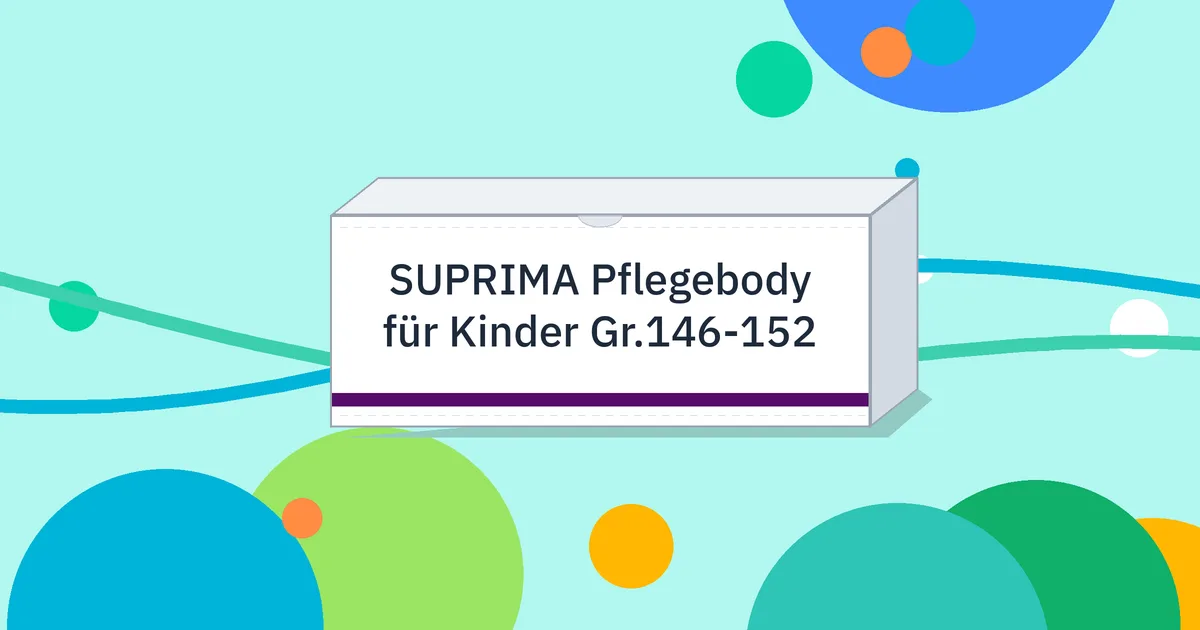 Symbolbild: Packung mit der Aufschrift SUPRIMA Pflegebody für Kinder Gr.146-152 (PZN 07595491) – Verfügbarkeit und Bezug in Apotheken in Frankfurt am Main
