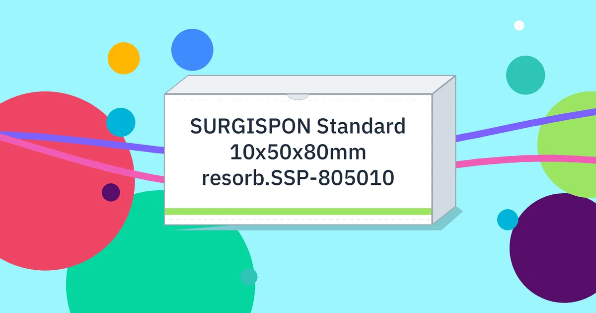 Symbolbild: Packung mit der Aufschrift SURGISPON Standard 10x50x80mm resorb.SSP-805010 (PZN 19513506) – Verfügbarkeit und Bezug in Apotheken in Frankfurt am Main