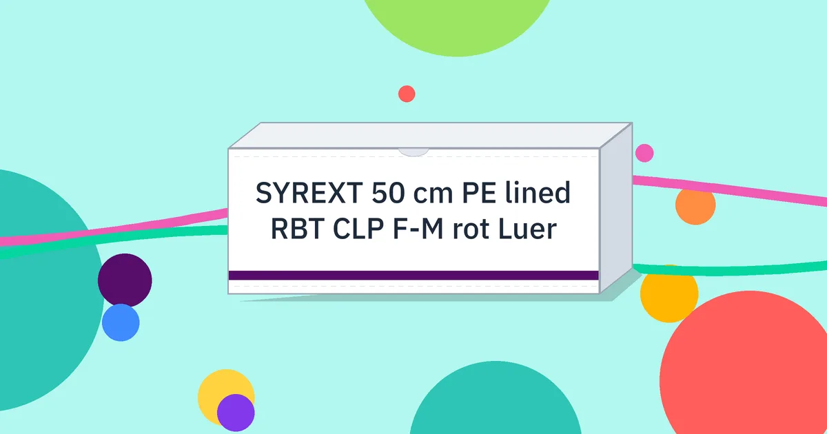 Symbolbild: Packung mit der Aufschrift SYREXT 50 cm PE lined RBT CLP F-M rot Luer (PZN 17898086) – Verfügbarkeit und Bezug in Apotheken in Frankfurt am Main