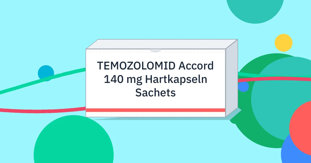 Symbolbild: Packung mit der Aufschrift TEMOZOLOMID Accord 140 mg Hartkapseln Sachets (PZN 16563923) – Verfügbarkeit und Bezug in Apotheken in Frankfurt am Main