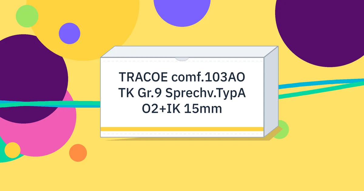 Symbolbild: Packung mit der Aufschrift TRACOE comf.103AO TK Gr.9 Sprechv.TypA O2+IK 15mm (PZN 18232604) – Verfügbarkeit und Bezug in Apotheken in Frankfurt am Main