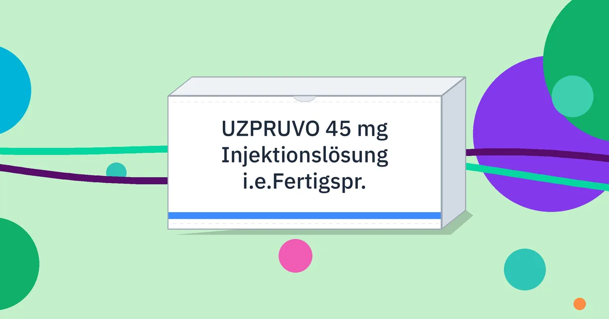 Symbolbild: Packung mit der Aufschrift UZPRUVO 45 mg Injektionslösung i.e.Fertigspr. (PZN 19491236) – Verfügbarkeit und Bezug in Apotheken in Frankfurt am Main