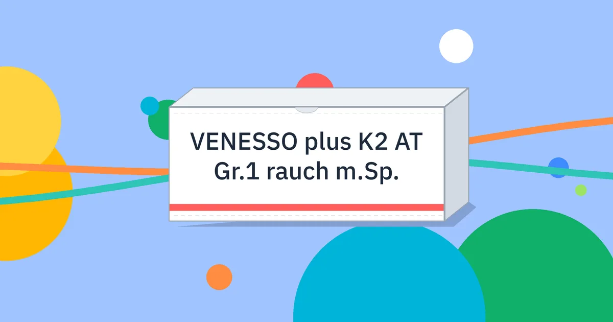 Symbolbild: Packung mit der Aufschrift VENESSO plus K2 AT Gr.1 rauch m.Sp. (PZN 03285629) – Verfügbarkeit und Bezug in Apotheken in Frankfurt am Main