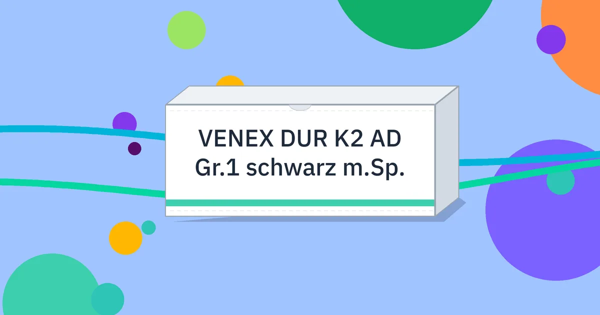 Symbolbild: Packung mit der Aufschrift VENEX DUR K2 AD Gr.1 schwarz m.Sp. (PZN 03210229) – Verfügbarkeit und Bezug in Apotheken in Frankfurt am Main