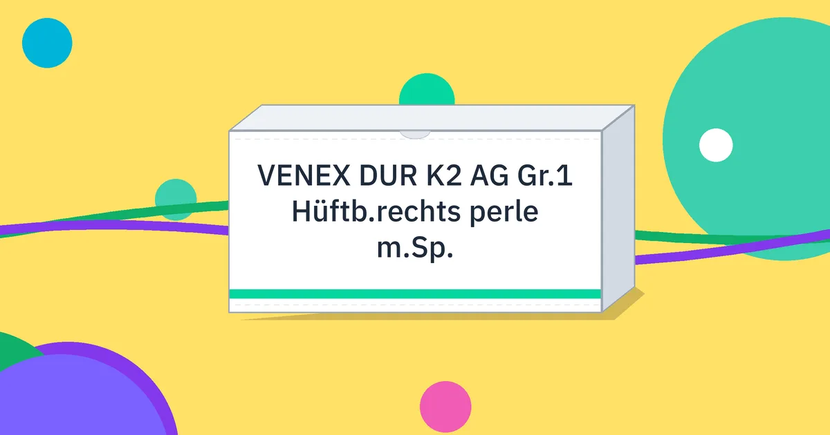 Symbolbild: Packung mit der Aufschrift VENEX DUR K2 AG Gr.1 Hüftb.rechts perle m.Sp. (PZN 03228264) – Verfügbarkeit und Bezug in Apotheken in Frankfurt am Main
