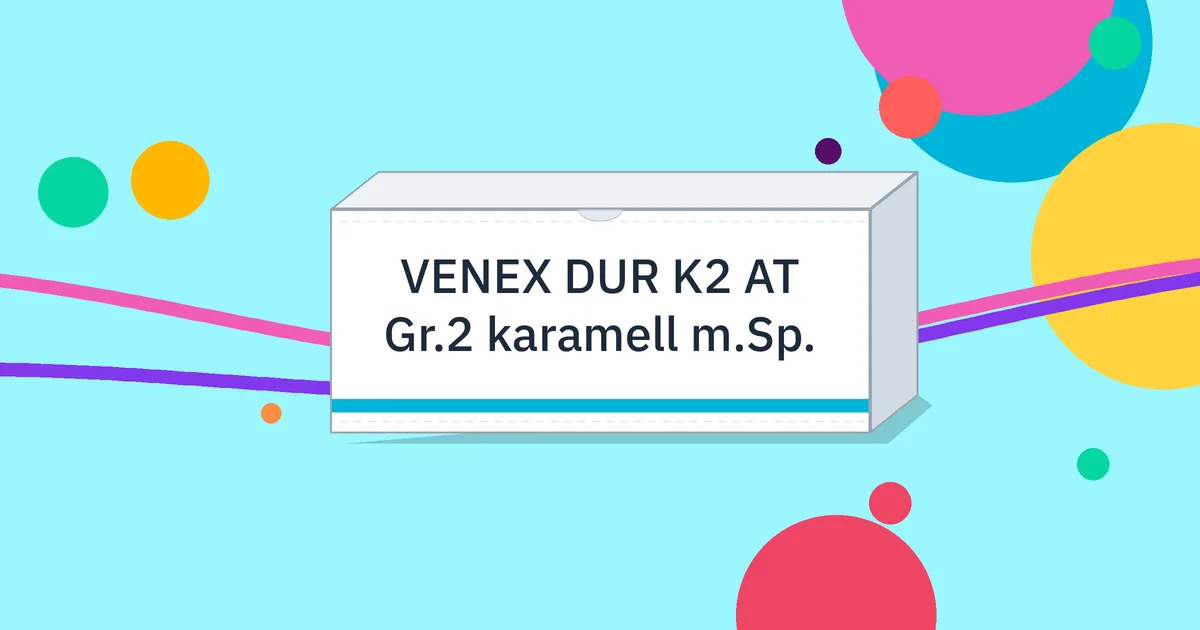 Symbolbild: Packung mit der Aufschrift VENEX DUR K2 AT Gr.2 karamell m.Sp. (PZN 13757897) – Verfügbarkeit und Bezug in Apotheken in Frankfurt am Main