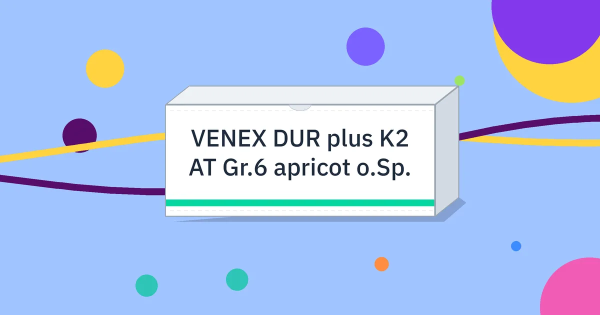 Symbolbild: Packung mit der Aufschrift VENEX DUR plus K2 AT Gr.6 apricot o.Sp. (PZN 03234649) – Verfügbarkeit und Bezug in Apotheken in Frankfurt am Main