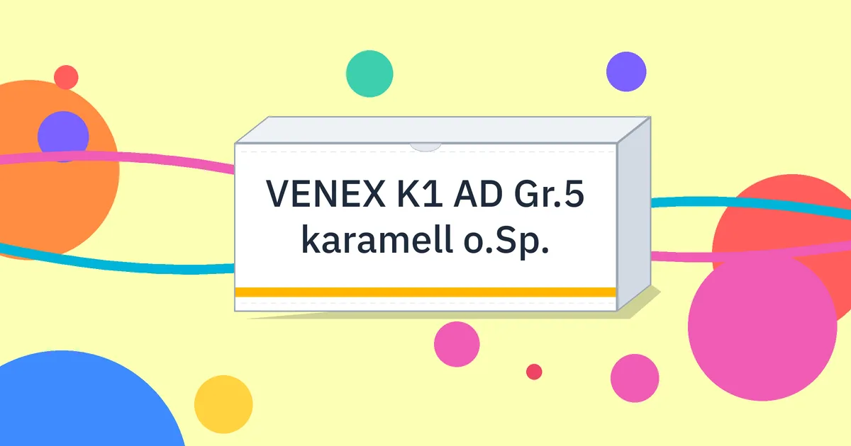 Symbolbild: Packung mit der Aufschrift VENEX K1 AD Gr.5 karamell o.Sp. (PZN 13757325) – Verfügbarkeit und Bezug in Apotheken in Frankfurt am Main