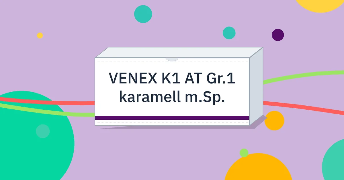 Symbolbild: Packung mit der Aufschrift VENEX K1 AT Gr.1 karamell m.Sp. (PZN 13759169) – Verfügbarkeit und Bezug in Apotheken in Frankfurt am Main