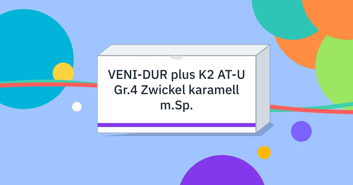 Symbolbild: Packung mit der Aufschrift VENI-DUR plus K2 AT-U Gr.4 Zwickel karamell m.Sp. (PZN 13759092) – Verfügbarkeit und Bezug in Apotheken in Frankfurt am Main