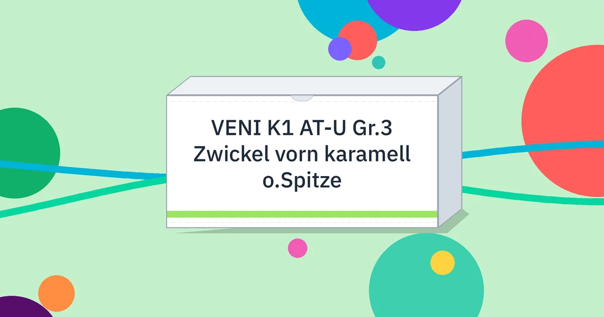 Symbolbild: Packung mit der Aufschrift VENI K1 AT-U Gr.3 Zwickel vorn karamell o.Spitze (PZN 13758833) – Verfügbarkeit und Bezug in Apotheken in Frankfurt am Main
