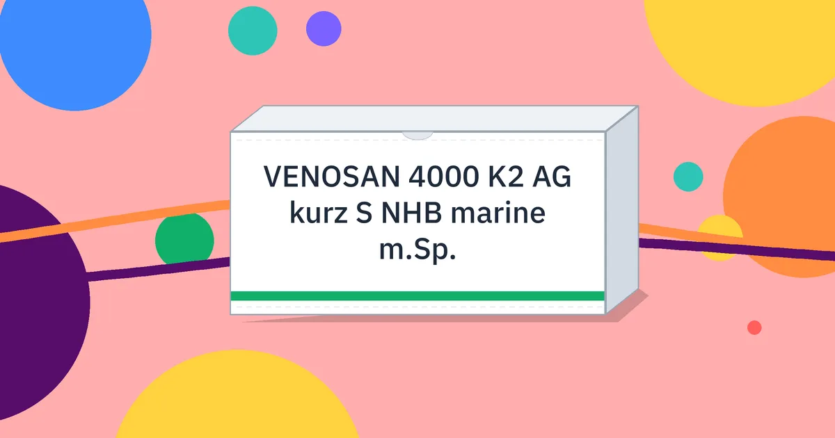 Symbolbild: Packung mit der Aufschrift VENOSAN 4000 K2 AG kurz S NHB marine m.Sp. (PZN 16602416) – Verfügbarkeit und Bezug in Apotheken in Frankfurt am Main