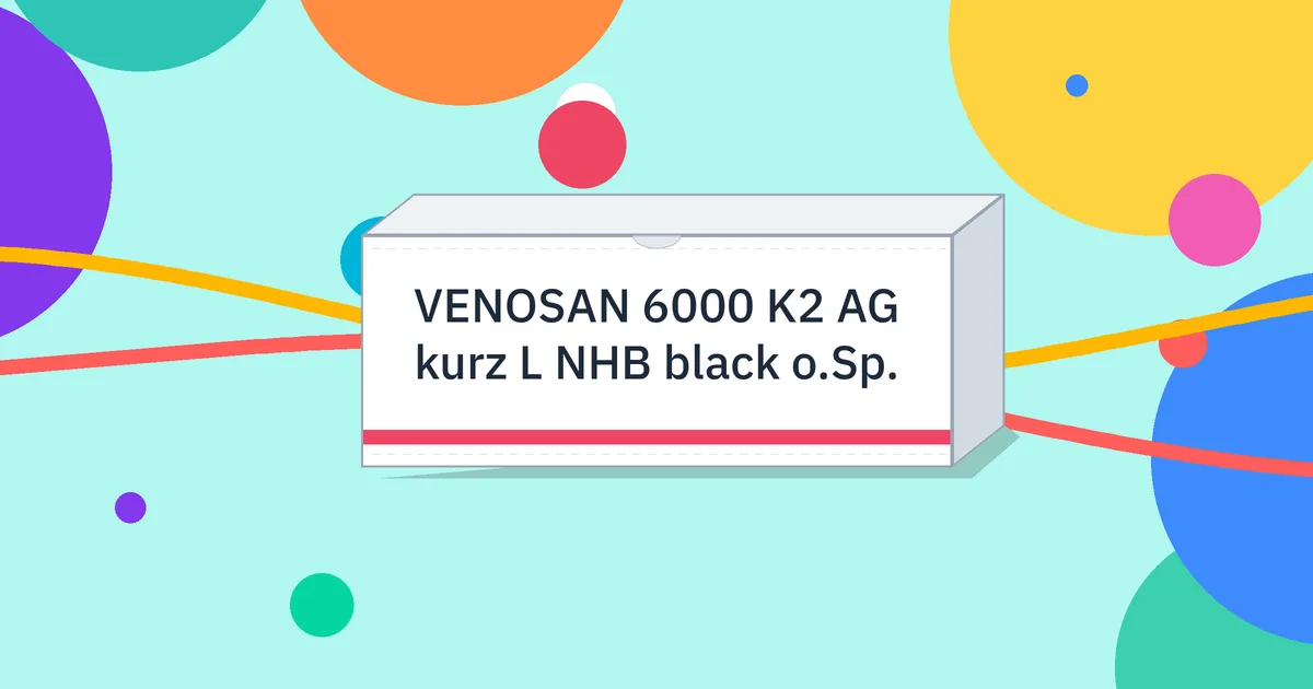 Symbolbild: Packung mit der Aufschrift VENOSAN 6000 K2 AG kurz L NHB black o.Sp. (PZN 17172952) – Verfügbarkeit und Bezug in Apotheken in Frankfurt am Main