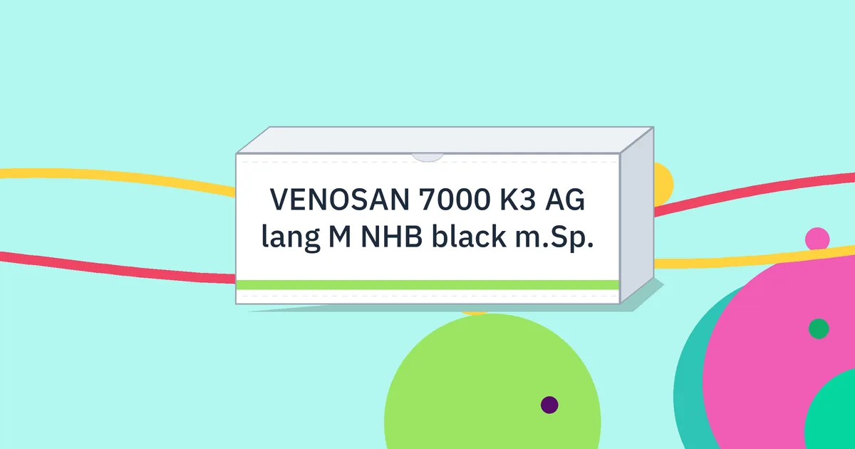 Symbolbild: Packung mit der Aufschrift VENOSAN 7000 K3 AG lang M NHB black m.Sp. (PZN 14436540) – Verfügbarkeit und Bezug in Apotheken in Frankfurt am Main