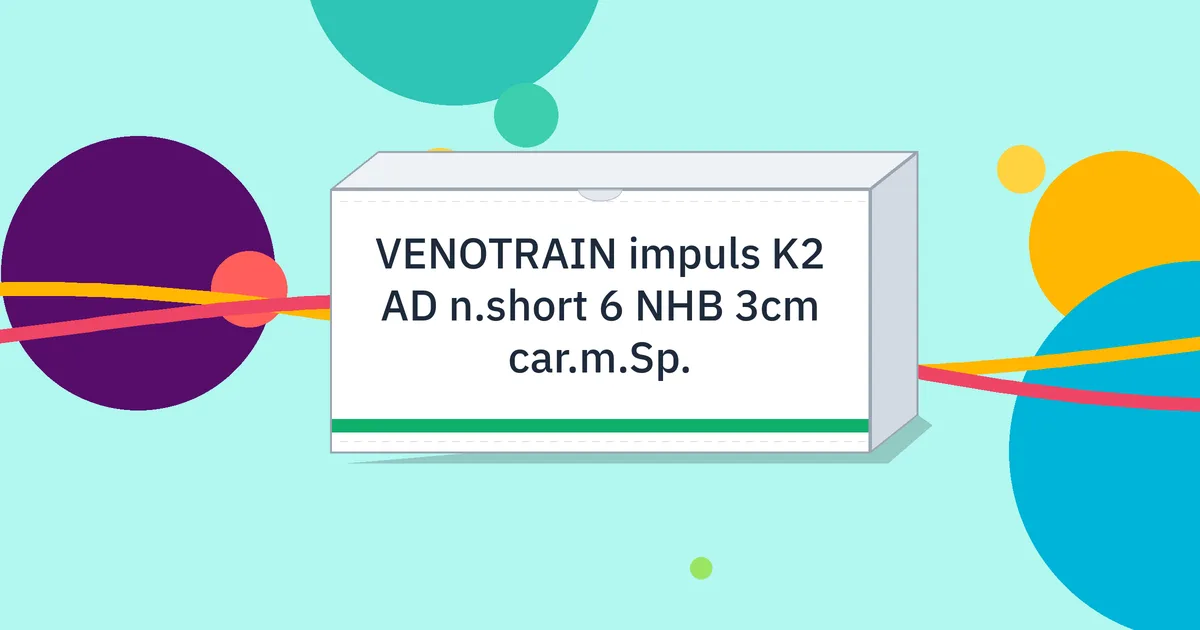 Symbolbild: Packung mit der Aufschrift VENOTRAIN impuls K2 AD n.short 6 NHB 3cm car.m.Sp. (PZN 00645725) – Verfügbarkeit und Bezug in Apotheken in Frankfurt am Main