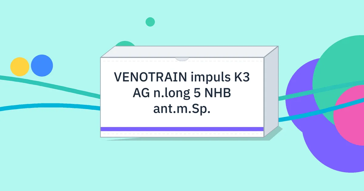 Symbolbild: Packung mit der Aufschrift VENOTRAIN impuls K3 AG n.long 5 NHB ant.m.Sp. (PZN 15215924) – Verfügbarkeit und Bezug in Apotheken in Frankfurt am Main
