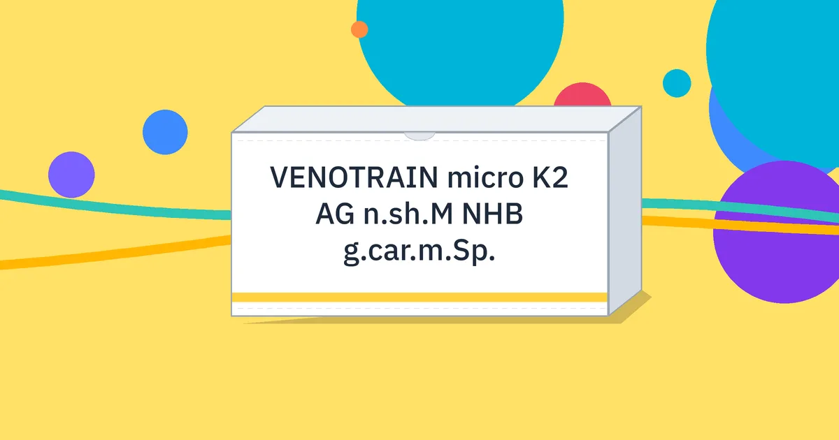 Symbolbild: Packung mit der Aufschrift VENOTRAIN micro K2 AG n.sh.M NHB g.car.m.Sp. (PZN 05999333) – Verfügbarkeit und Bezug in Apotheken in Frankfurt am Main