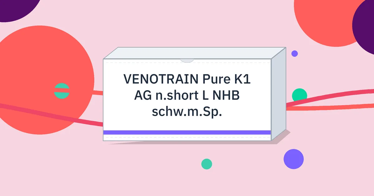 Symbolbild: Packung mit der Aufschrift VENOTRAIN Pure K1 AG n.short L NHB schw.m.Sp. (PZN 18142806) – Verfügbarkeit und Bezug in Apotheken in Frankfurt am Main