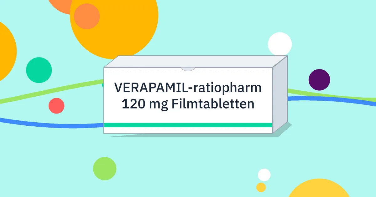 Symbolbild: Packung mit der Aufschrift VERAPAMIL-ratiopharm 120 mg Filmtabletten (PZN 03043458) – Verfügbarkeit und Bezug in Apotheken in Frankfurt am Main