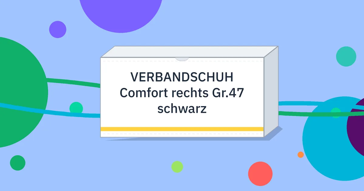 Symbolbild: Packung mit der Aufschrift VERBANDSCHUH Comfort rechts Gr.47 schwarz (PZN 17842737) – Verfügbarkeit und Bezug in Apotheken in Frankfurt am Main