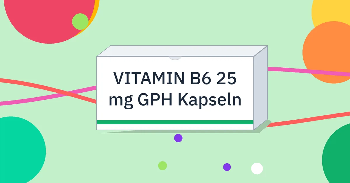 Symbolbild: Packung mit der Aufschrift VITAMIN B6 25 mg GPH Kapseln (PZN 14364728) – Verfügbarkeit und Bezug in Apotheken in Frankfurt am Main