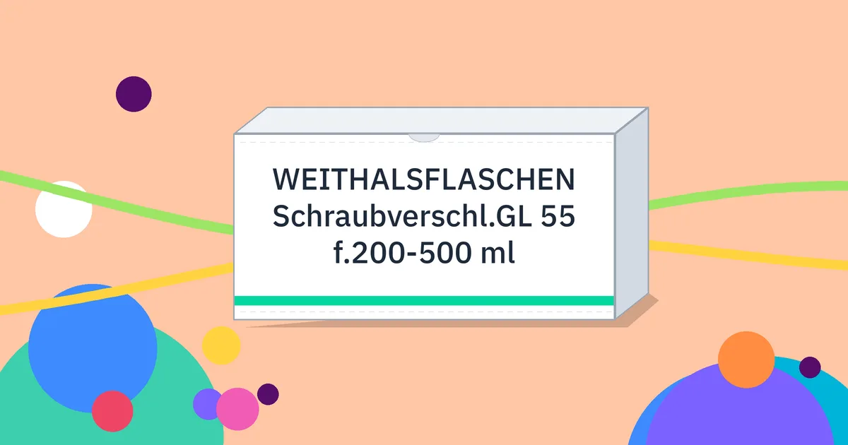 Symbolbild: Packung mit der Aufschrift WEITHALSFLASCHEN Schraubverschl.GL 55 f.200-500 ml (PZN 18014899) – Verfügbarkeit und Bezug in Apotheken in Frankfurt am Main