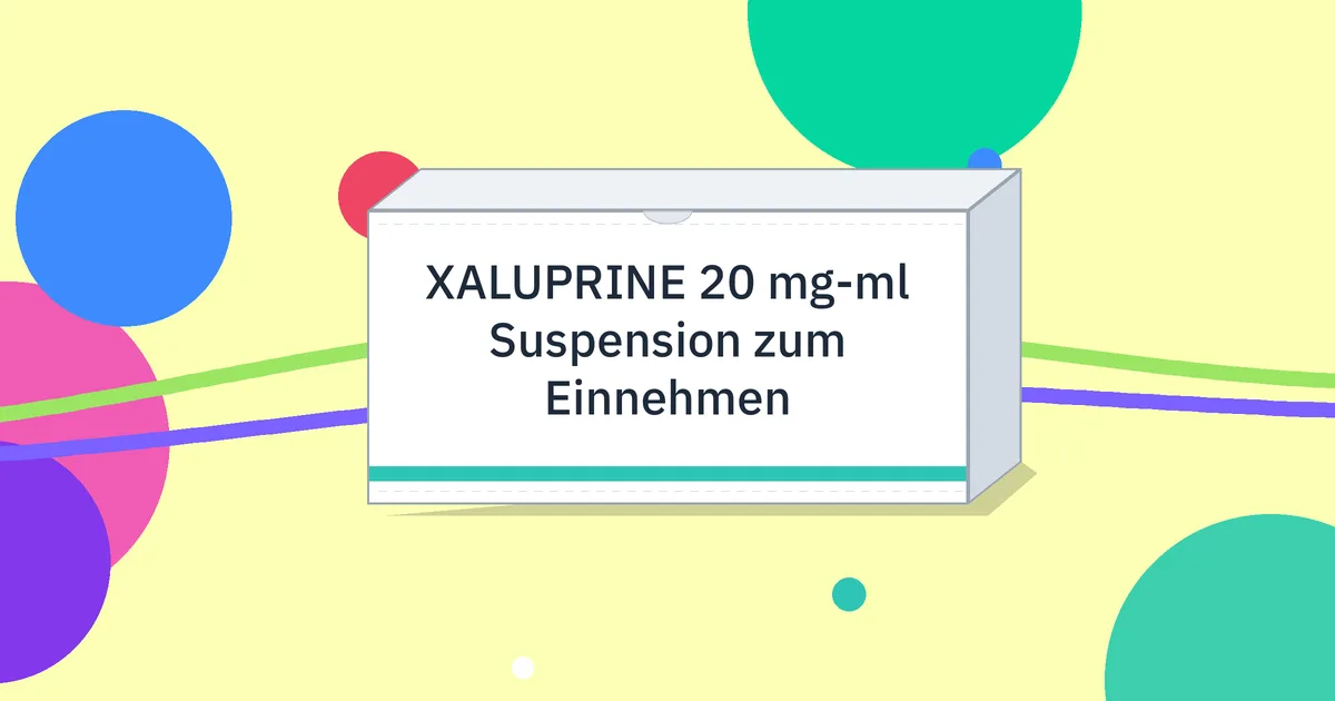 Symbolbild: Packung mit der Aufschrift XALUPRINE 20 mg-ml Suspension zum Einnehmen (PZN 16700923) – Verfügbarkeit und Bezug in Apotheken in Frankfurt am Main