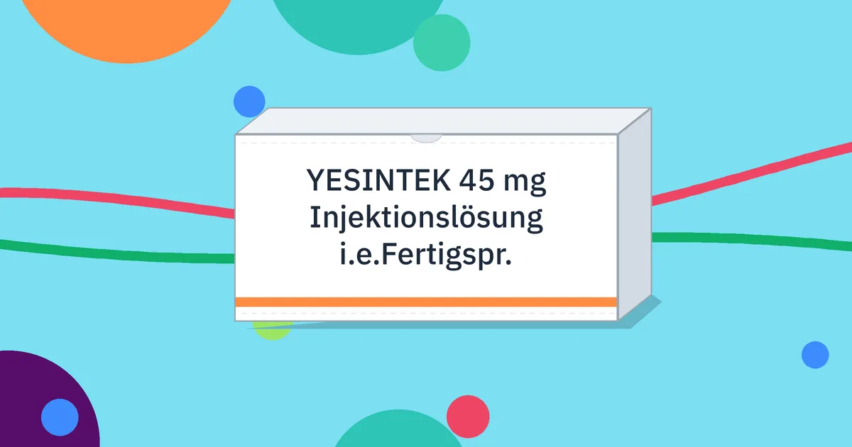 Symbolbild: Packung mit der Aufschrift YESINTEK 45 mg Injektionslösung i.e.Fertigspr. (PZN 19720062) – Verfügbarkeit und Bezug in Apotheken in Frankfurt am Main
