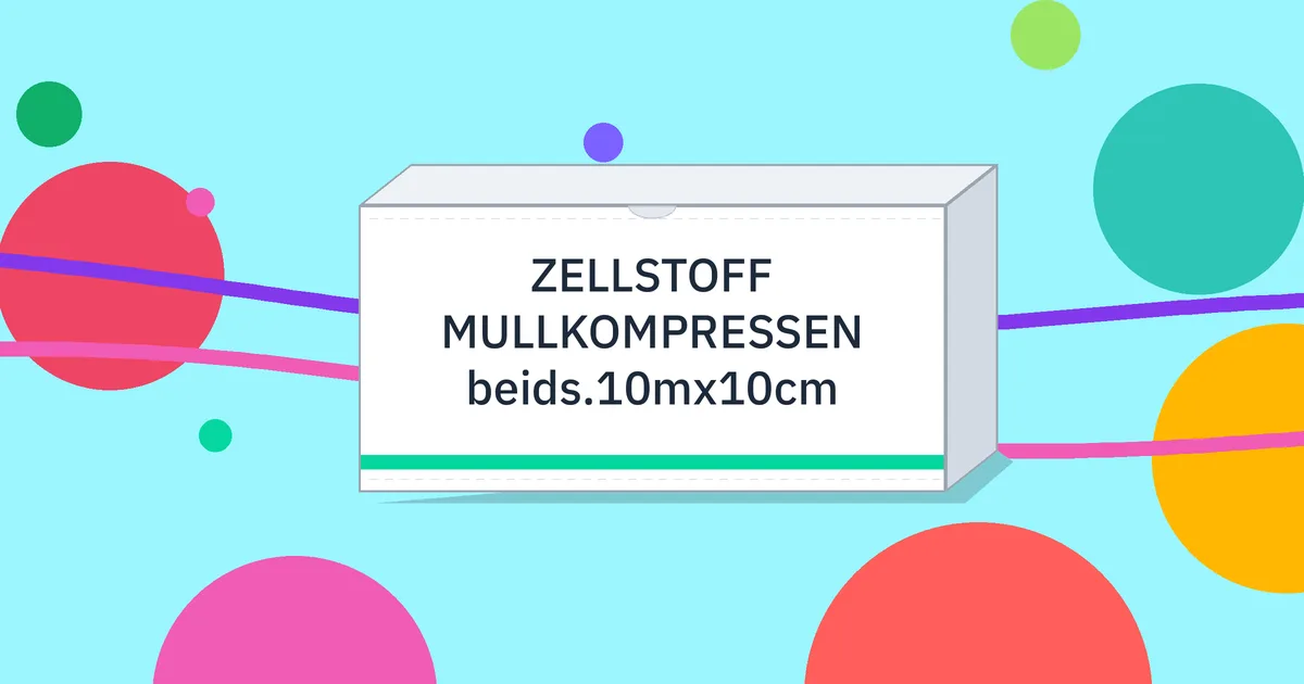 Symbolbild: Packung mit der Aufschrift ZELLSTOFF MULLKOMPRESSEN beids.10mx10cm (PZN 01723077) – Verfügbarkeit und Bezug in Apotheken in Frankfurt am Main