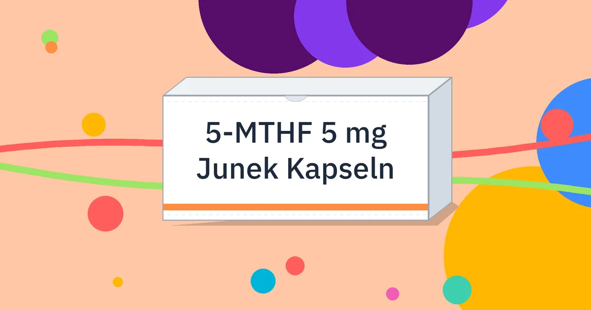 Symbolbild: Packung mit der Aufschrift 5-MTHF 5 mg Junek Kapseln (PZN 20078955) – Verfügbarkeit und Bezug in Apotheken in Frankfurt am Main