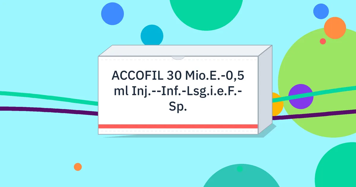 Symbolbild: Packung mit der Aufschrift ACCOFIL 30 Mio.E.-0,5 ml Inj.--Inf.-Lsg.i.e.F.-Sp. (PZN 19488317) – Verfügbarkeit und Bezug in Apotheken in Frankfurt am Main
