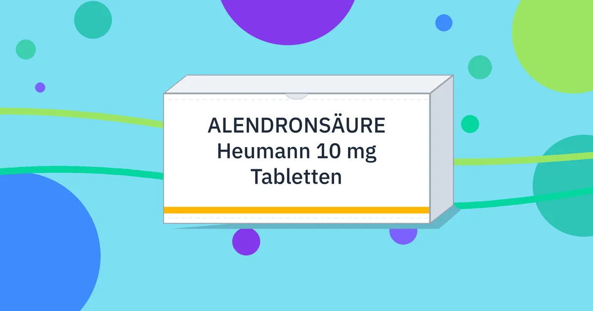 Symbolbild: Packung mit der Aufschrift ALENDRONSÄURE Heumann 10 mg Tabletten (PZN 19635468) – Verfügbarkeit und Bezug in Apotheken in Frankfurt am Main