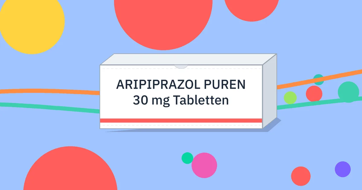 Symbolbild: Packung mit der Aufschrift ARIPIPRAZOL PUREN 30 mg Tabletten (PZN 10319180) – Verfügbarkeit und Bezug in Apotheken in Frankfurt am Main