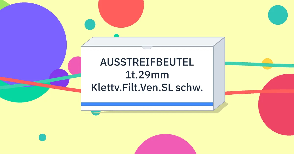 Symbolbild: Packung mit der Aufschrift AUSSTREIFBEUTEL 1t.29mm Klettv.Filt.Ven.SL schw. (PZN 18424031) – Verfügbarkeit und Bezug in Apotheken in Frankfurt am Main