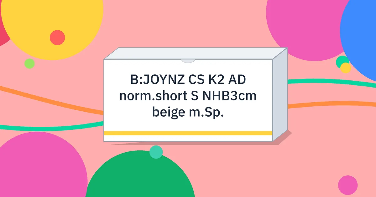 Symbolbild: Packung mit der Aufschrift B:JOYNZ CS K2 AD norm.short S NHB3cm beige m.Sp. (PZN 20526968) – Verfügbarkeit und Bezug in Apotheken in Frankfurt am Main