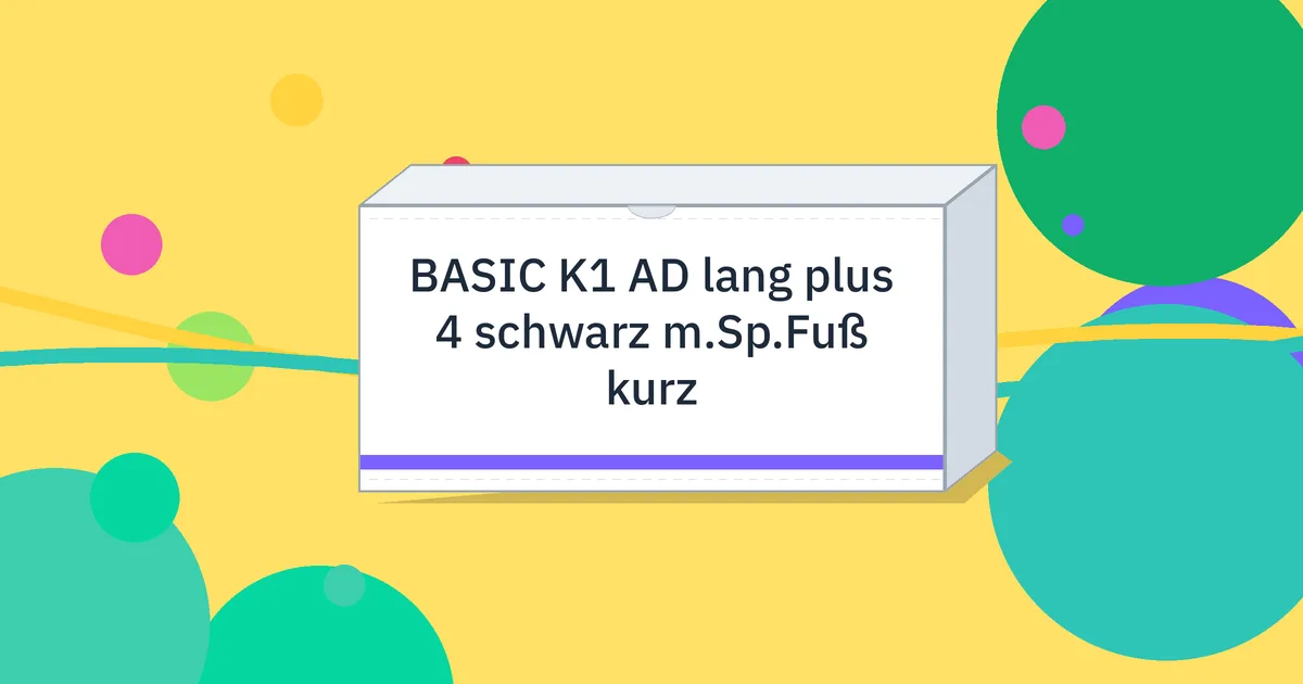 Symbolbild: Packung mit der Aufschrift BASIC K1 AD lang plus 4 schwarz m.Sp.Fuß kurz (PZN 20258249) – Verfügbarkeit und Bezug in Apotheken in Frankfurt am Main